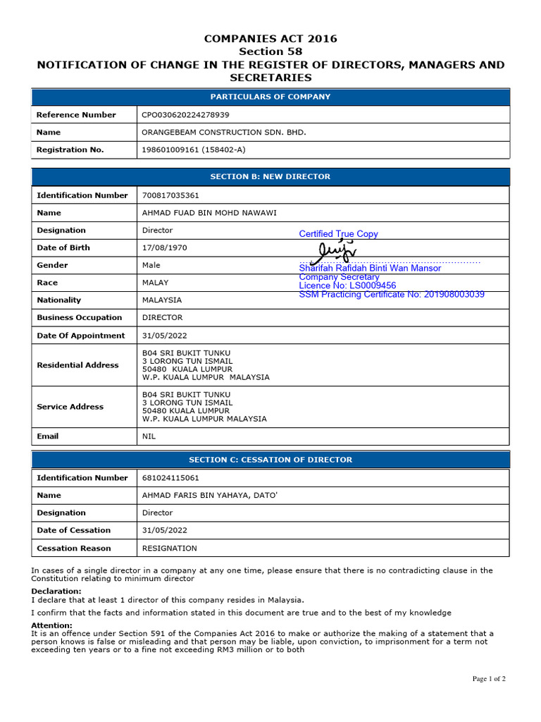 Sec 58 - Appointment and Resignation of Directors | PDF | Justice | Crime & Violence