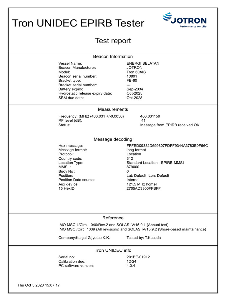 Tron 60AIS EPIRB Test Report | PDF | Electrical Engineering | Wireless
