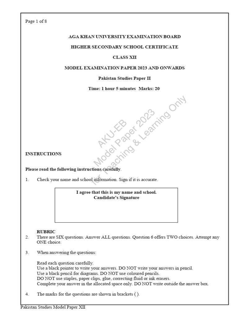 Pakistan Studies Model Paper XII (Paper II.) | PDF | Pakistan