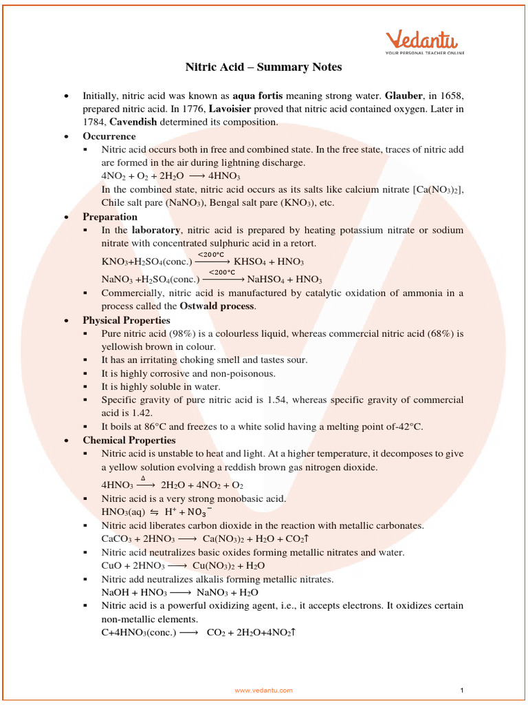 ICSE Class 10 Chemistry Chapter 10 - Nitric Acid Revision Notes | PDF ...