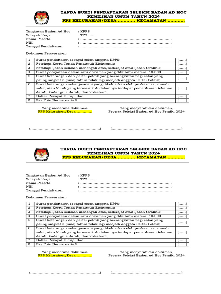 Tanda Bukti Pendaftaran KPPS | PDF
