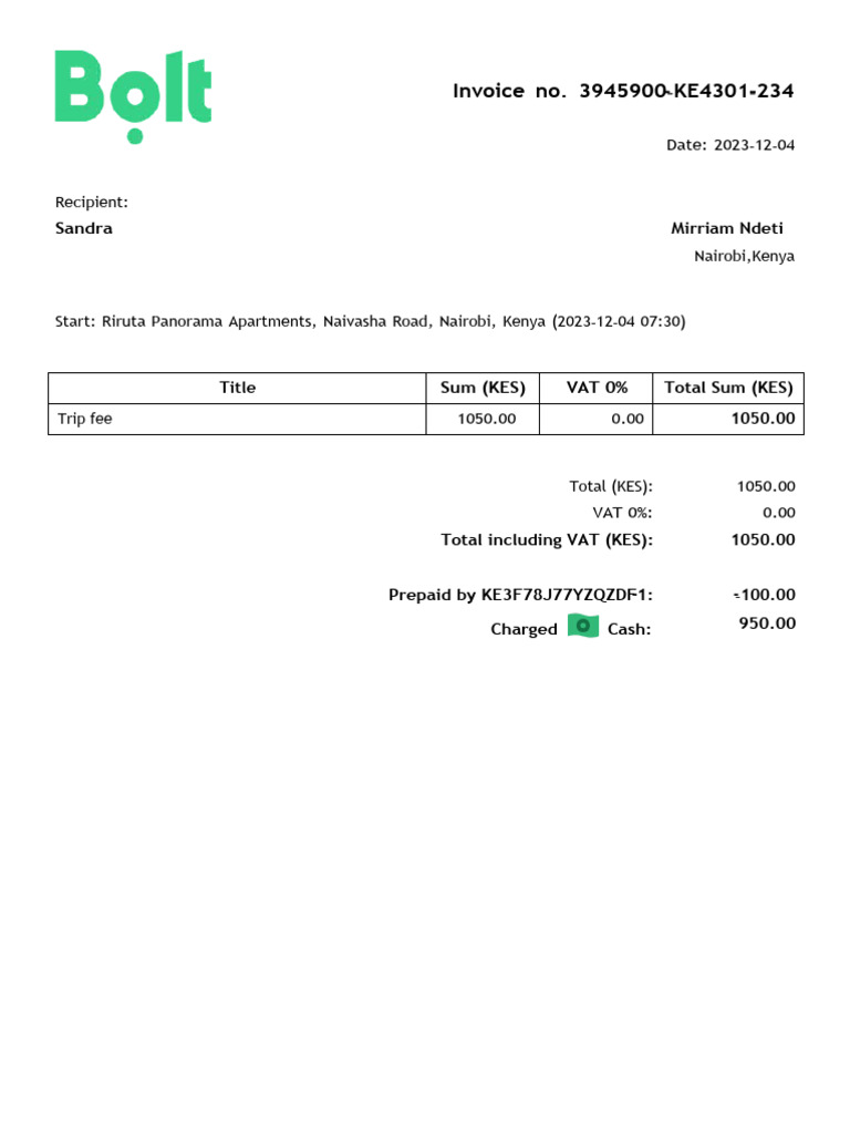 Ride Invoice From Bolt | PDF