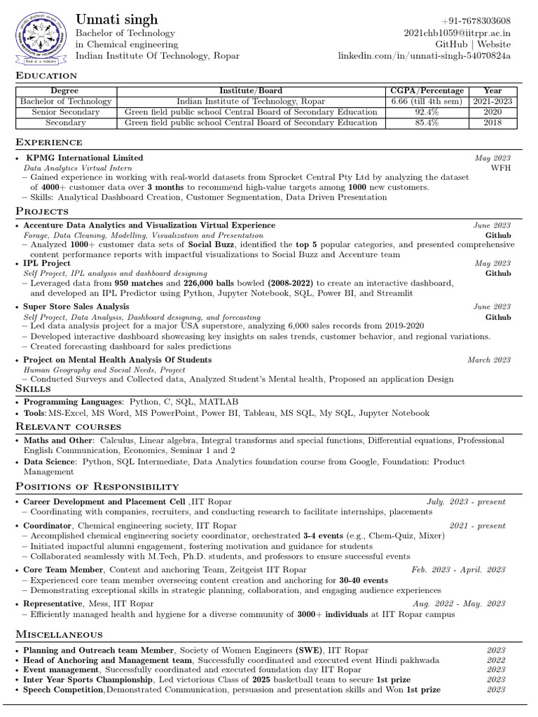 IIT Ropar Student Resume - Unnati Singh | PDF | Data | Analytics