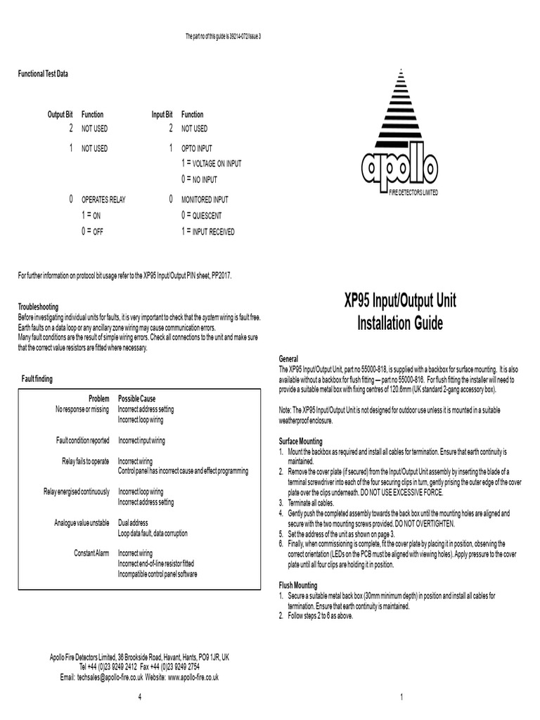 XP95 Input/Output Unit Installation Guide | PDF | Electrical Wiring | Relay