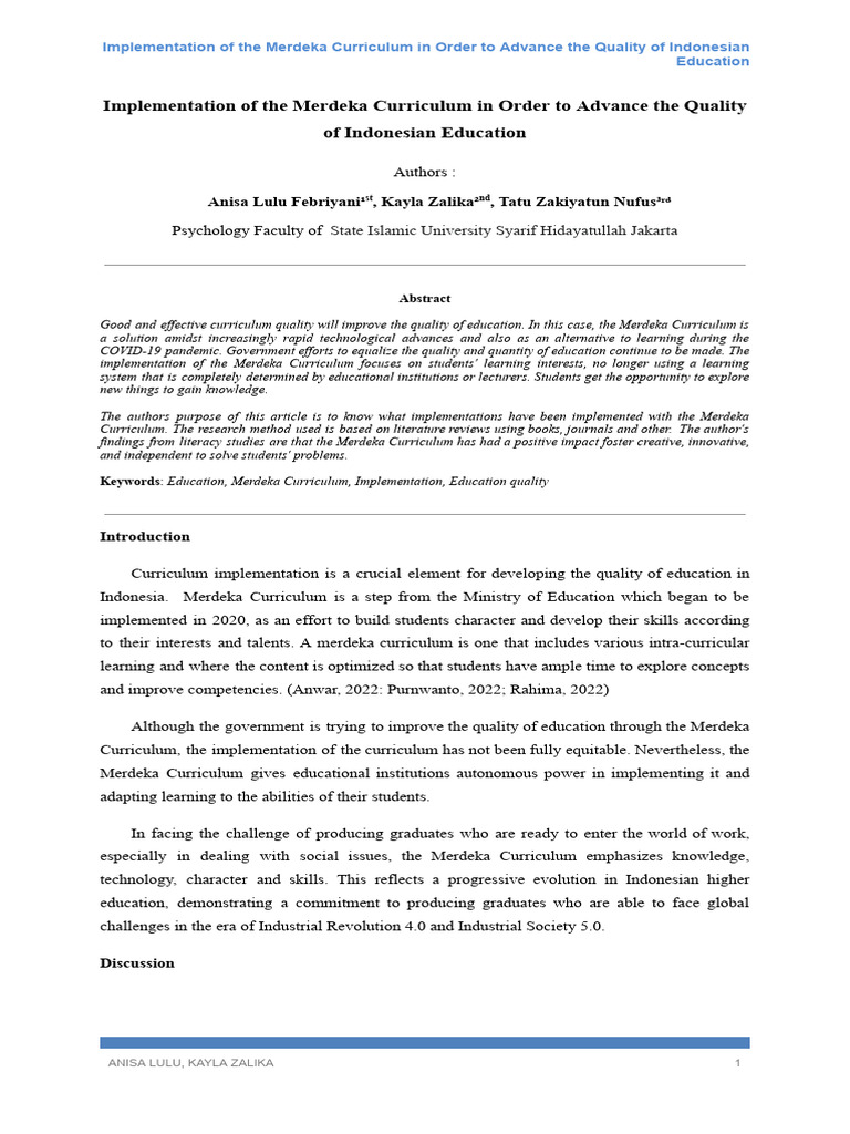 Implementation of The Merdeka Curriculum in Order To Advance The Quality of Indonesian Education ...