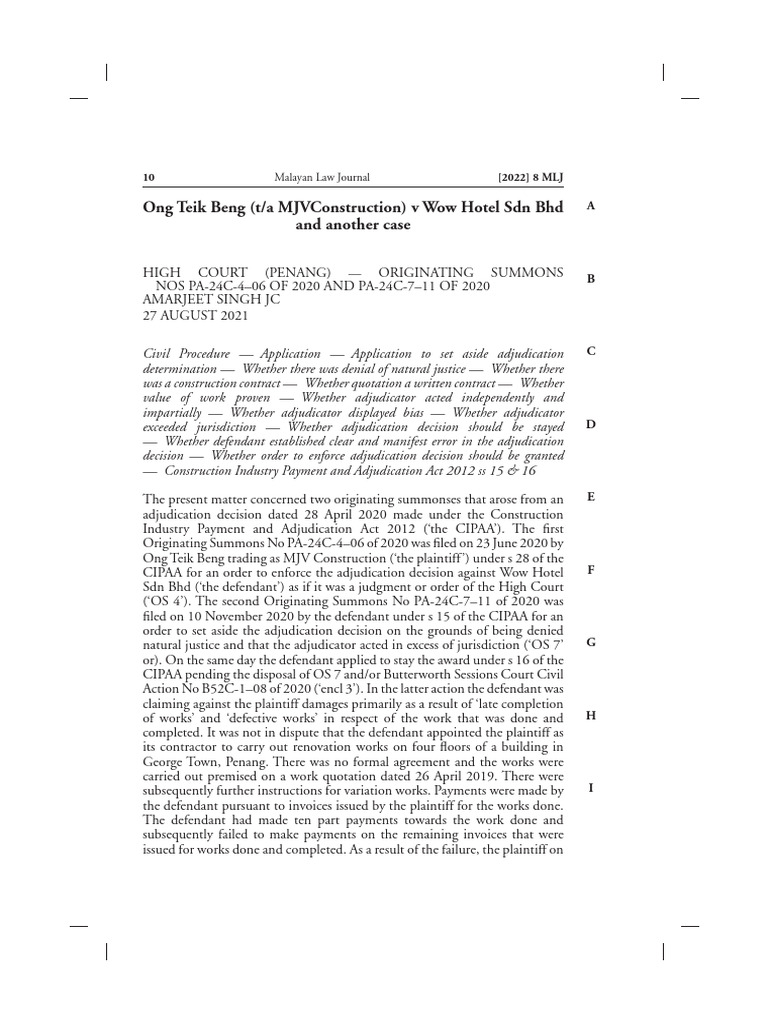 Ong Teik Beng - Quotation Is Valid Contract - Payment and Work Done ...