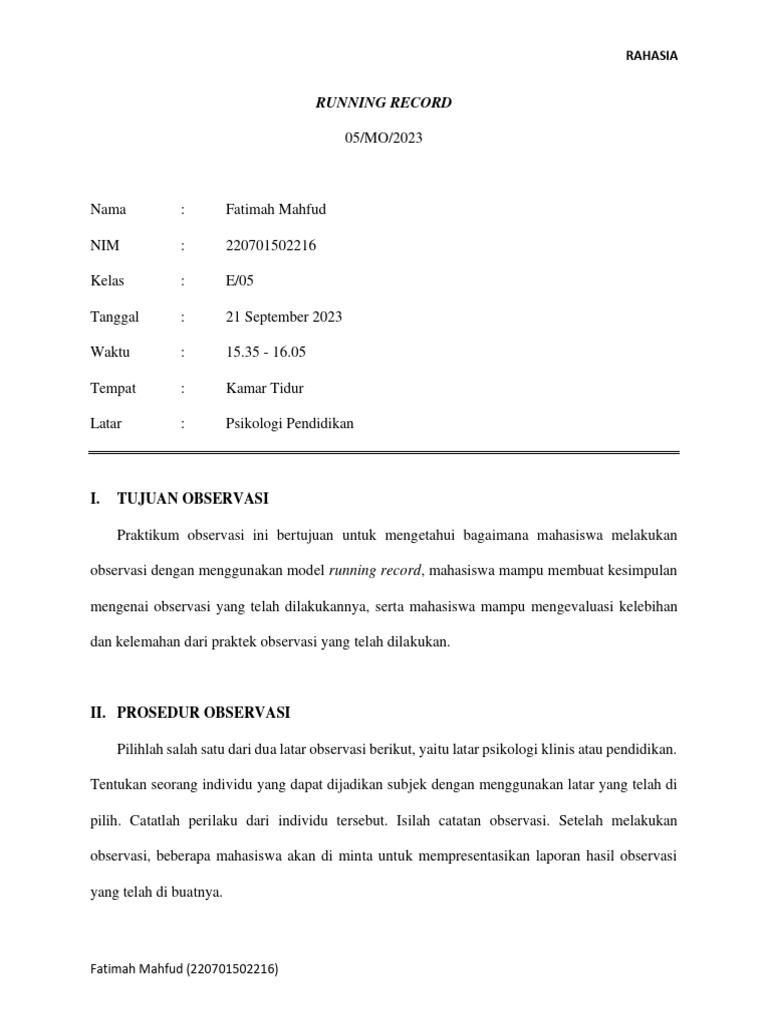Contoh Running Record Psikologi Pendidikan | PDF