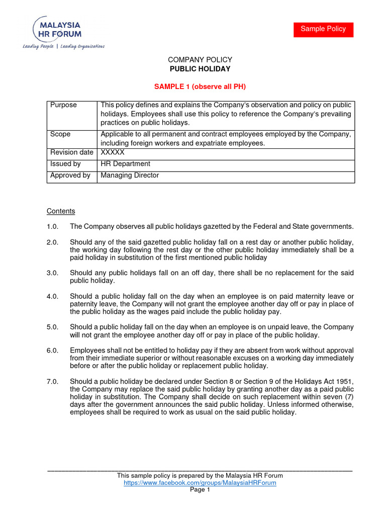 Company Public Holiday Policy Sample | PDF | Employment | Economies