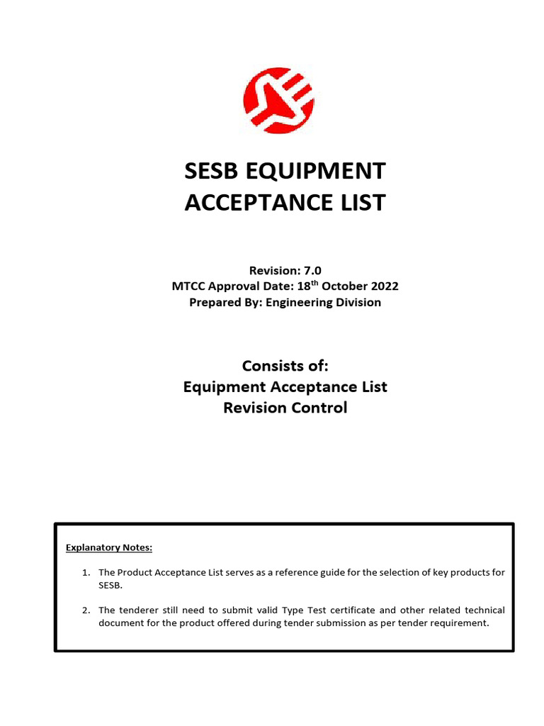 SESB Equipment Acceptance List REV - 7 0 Secured | PDF | Insulator (Electricity) | Siemens