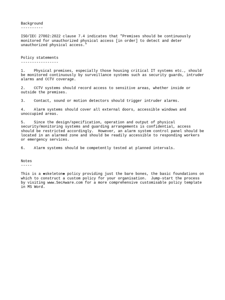 ISO27k ISMS A7.4 Skeleton Policy On Physical Security Monitoring 2023 | PDF