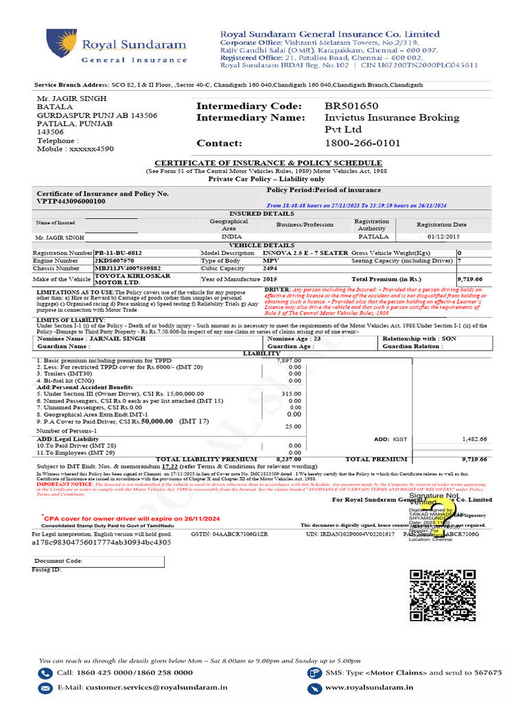 Private Car Insurance Policy Details | PDF | Insurance | Vehicles