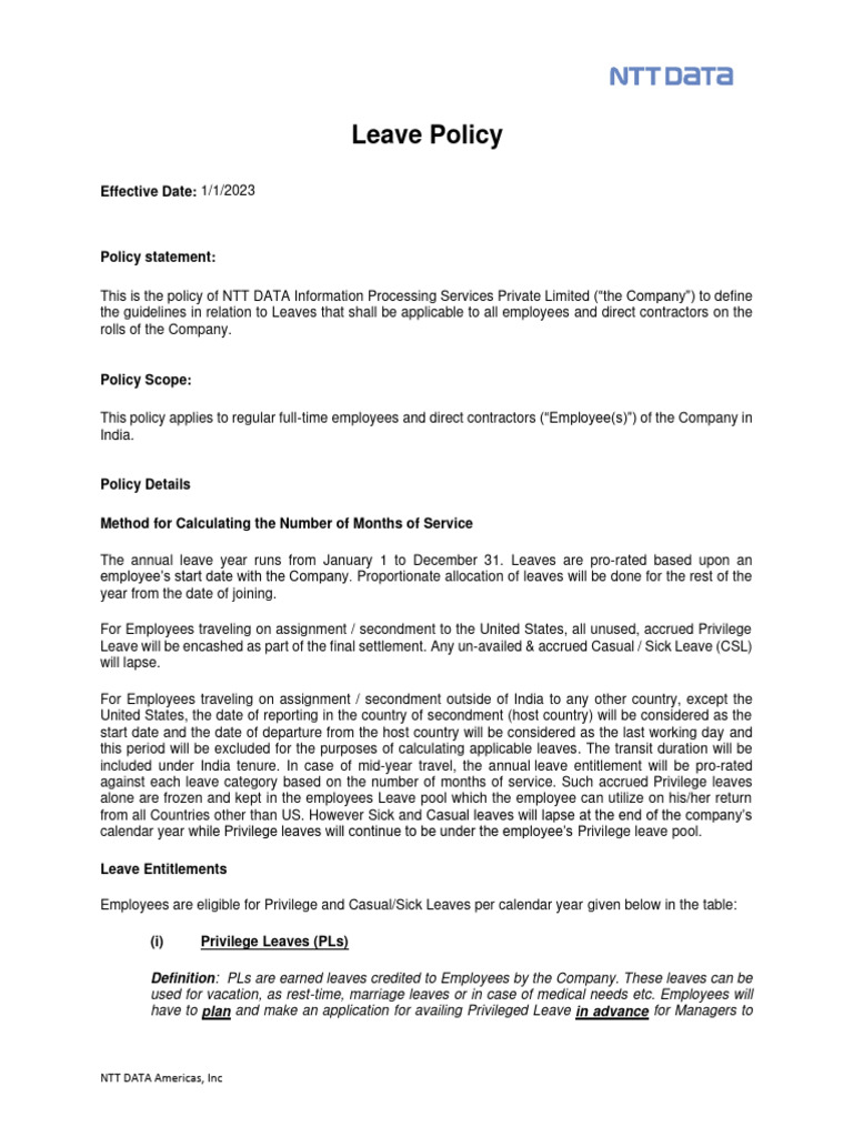 NTT DATA Leave Policy Overview 2023 | PDF | Finance & Money Management