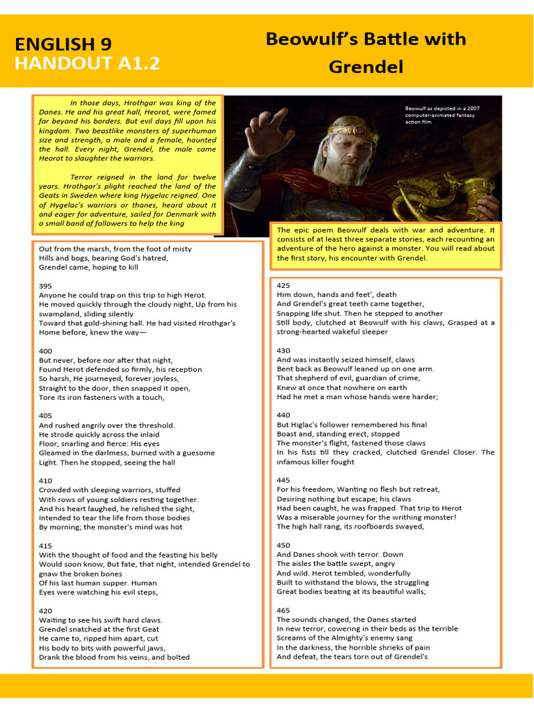 Handout 9A1.2 - Beowulf's Battle With Grendel | PDF | Beowulf | Old English Poems