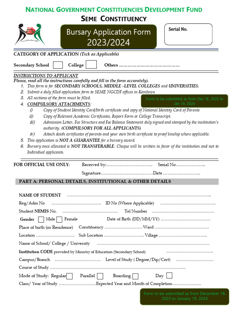 NGCDF Bursary Application Form Seme Constituency 2023 2024 | PDF