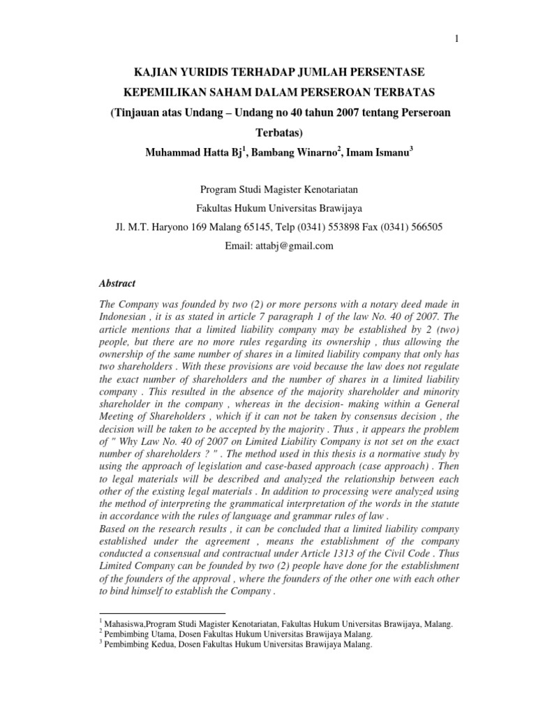 ID Kajian Yuridis Terhadap Jumlah Persentase Kepemilikan Saham Dalam Perseroan Terb | PDF ...