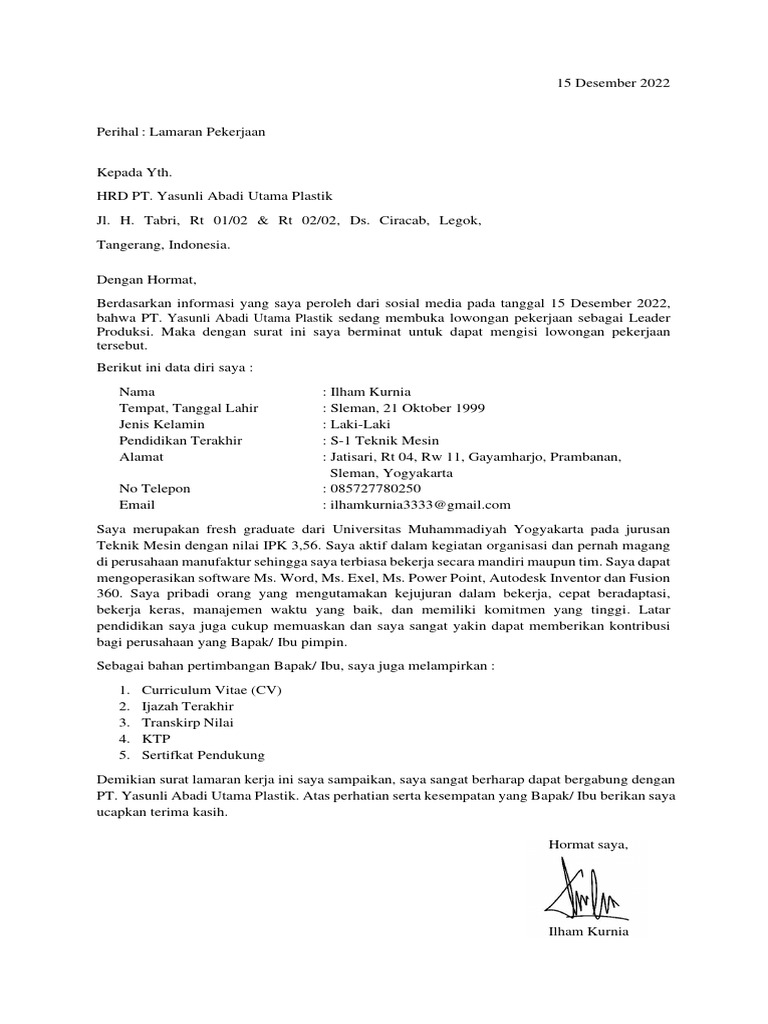 Surat Lamaran PT Yasunli | PDF