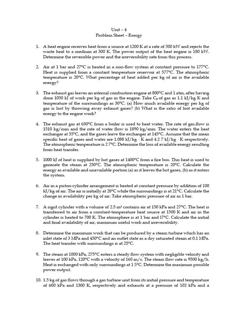 Problems in Exergy | PDF | Heat | Gases