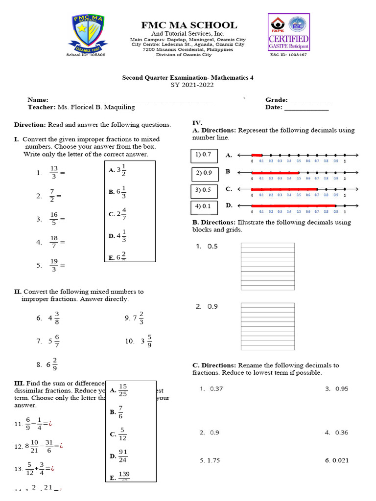 Second Quarter Exam M4 | PDF | Elementary Mathematics | Signal Processing