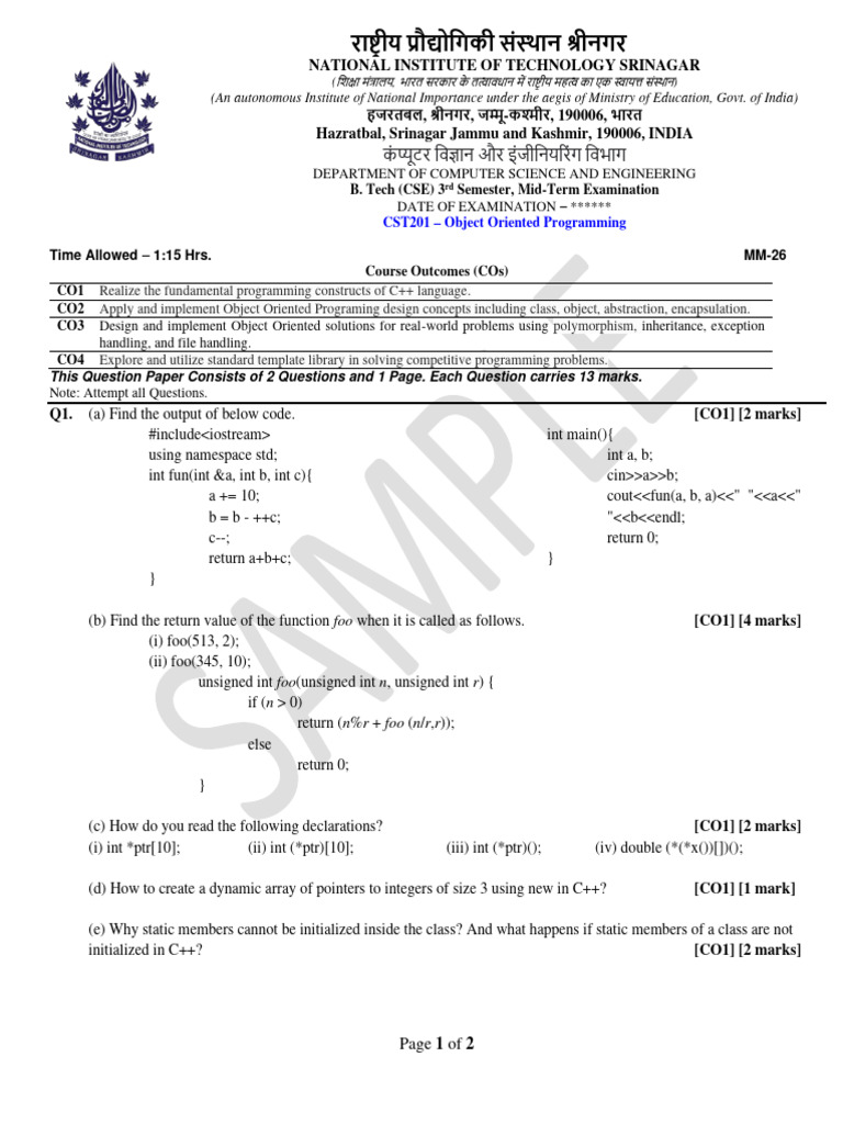 OOP - Mid-Term Sample QP - 3rd Sem CSE | PDF | Object Oriented ... OOP - Mid-Term Sample QP - 3rd Sem CSE | PDF | Object Oriented ...