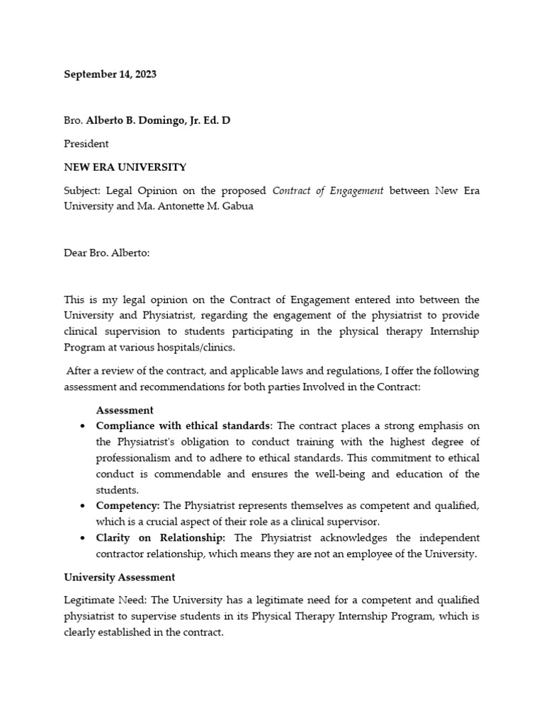 Legal Opinion Contract Of Agreement Pdf Evaluation Business