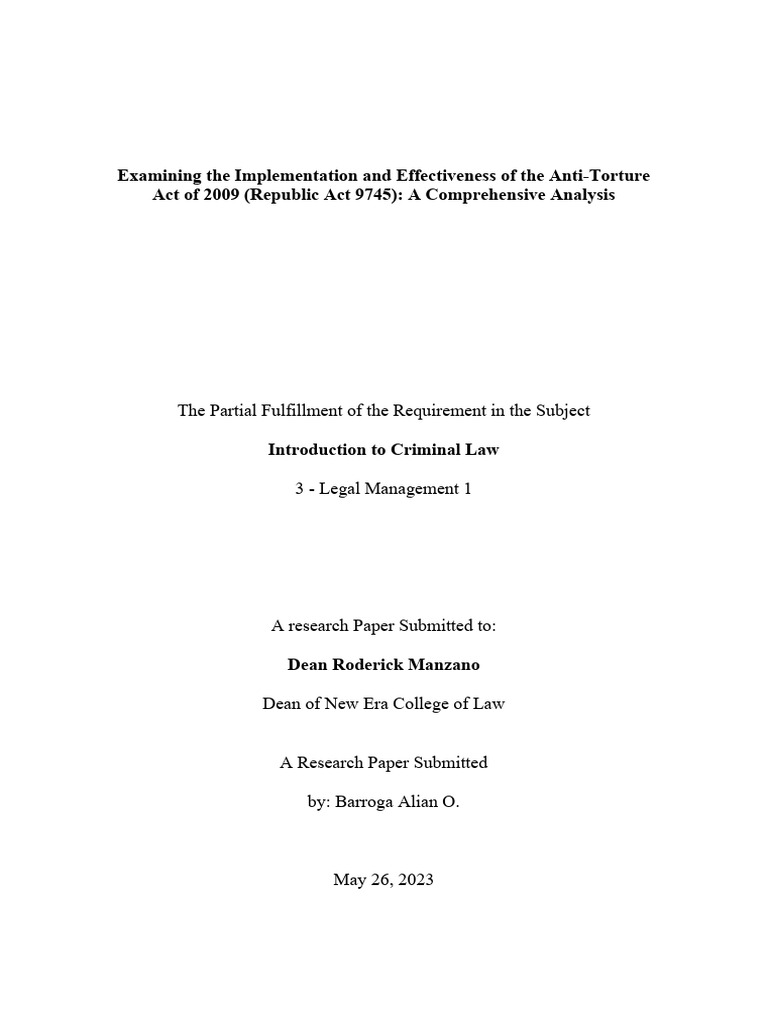 Barroga Alian O Criminal Law Research Anti Torture Act of 2009 | PDF | Torture | Detention ...