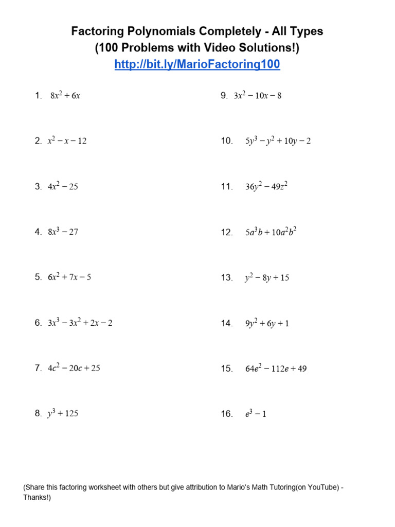 Factoring Polynomials Completely - All Types (100 Problems With Video ...