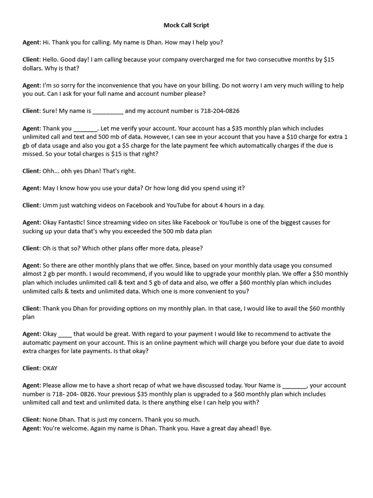 Mock Call Script Pdf Service Industries
