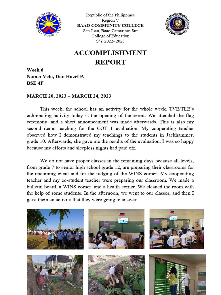 Accomplishment Report - Week 6 | PDF