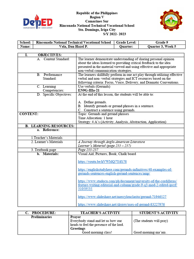 Grade 9 DLP-gerunds - Revised | PDF | Verb | Preposition And Postposition