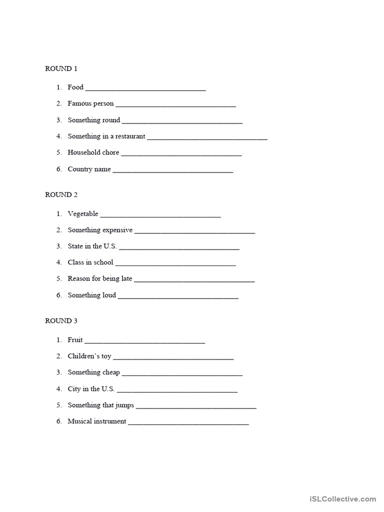 Scattergories Game | PDF | Food And Drink Preparation | Cooking