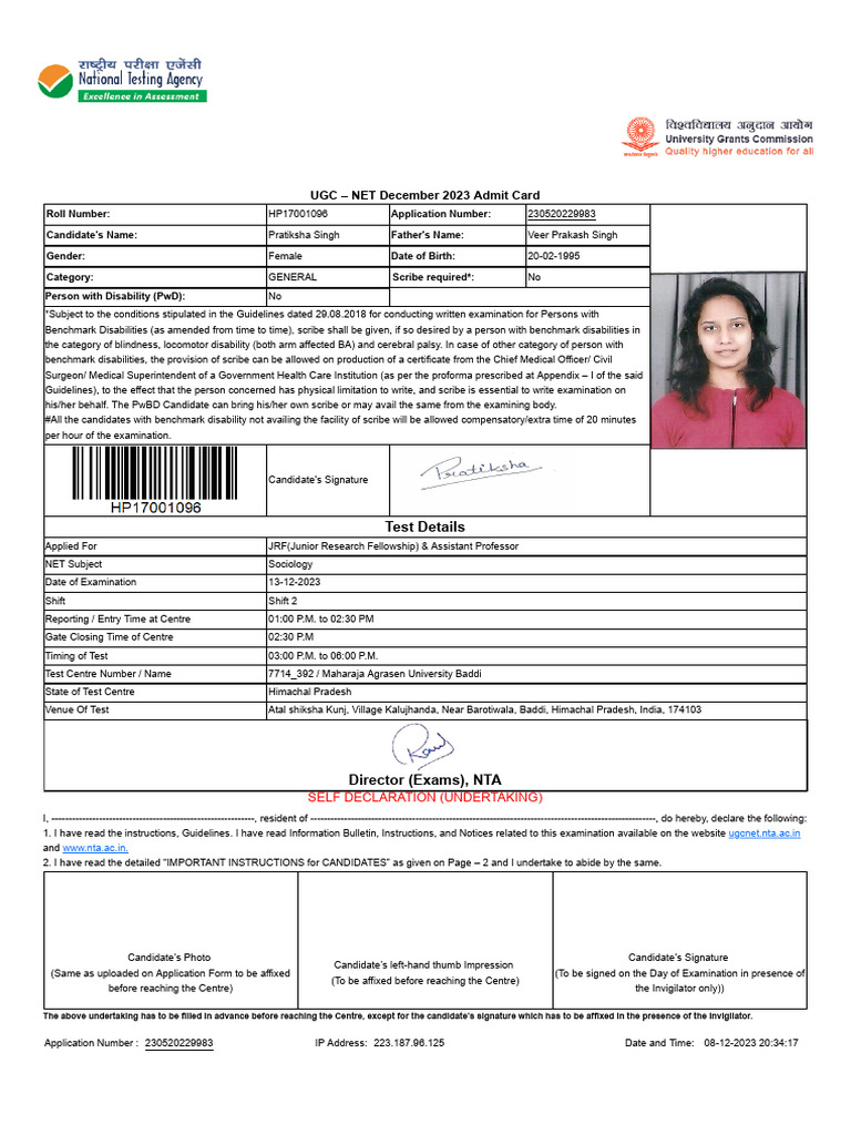 UGC NET December 2023 Admit Card | PDF | Identity Document