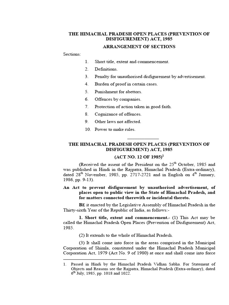 The Himachal Pradesh Open Places (Prevention of Disfigurement) Act ...