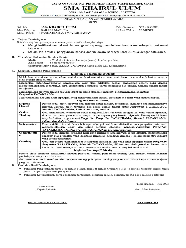 RPP BAHASA MADURA Kelas XII 2023-2024 | PDF