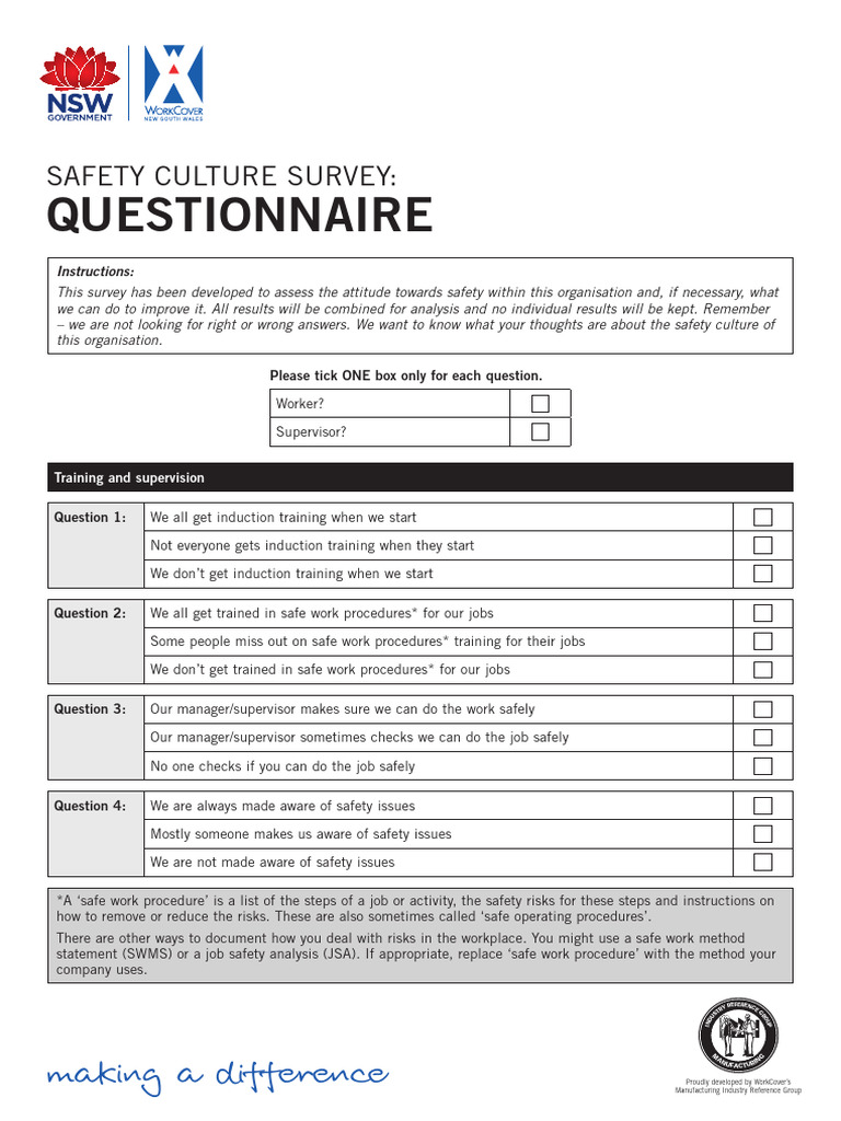 Safety Culture Survey Questionnaire | PDF | Occupational Safety And ...