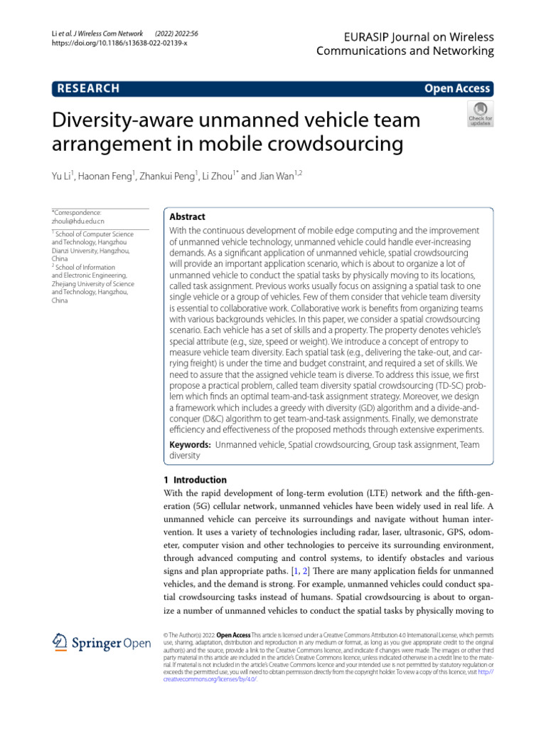 Diversity Aware Unmanned Vehicle Team Arrangement in Mobile Crowdsourcing | PDF | Crowdsourcing ...
