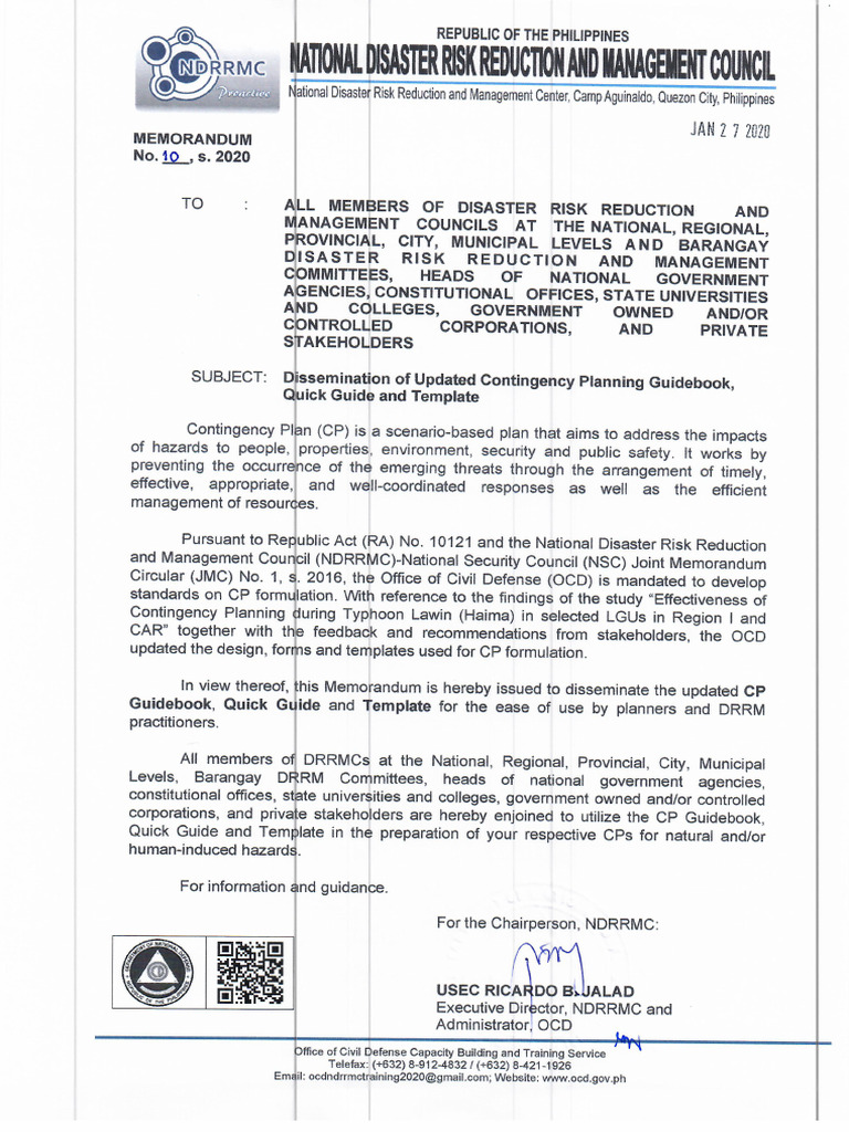 NDRRMC Memo No. 10 S 2020 - Updated CP Guidebook, Template and Quickguide | PDF