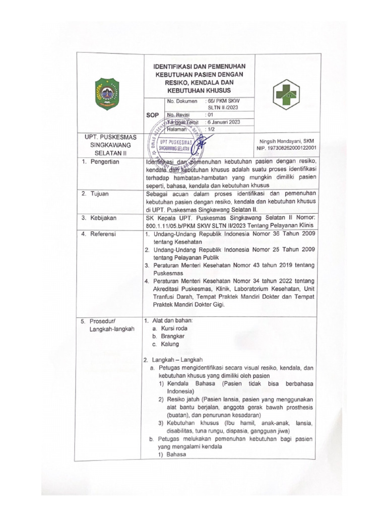 Sop Identifikasi Dan Pemenuhan Kebutuhan Pasien Dengan Resiko, Kendala Dan Kebutuhan Khusus | PDF