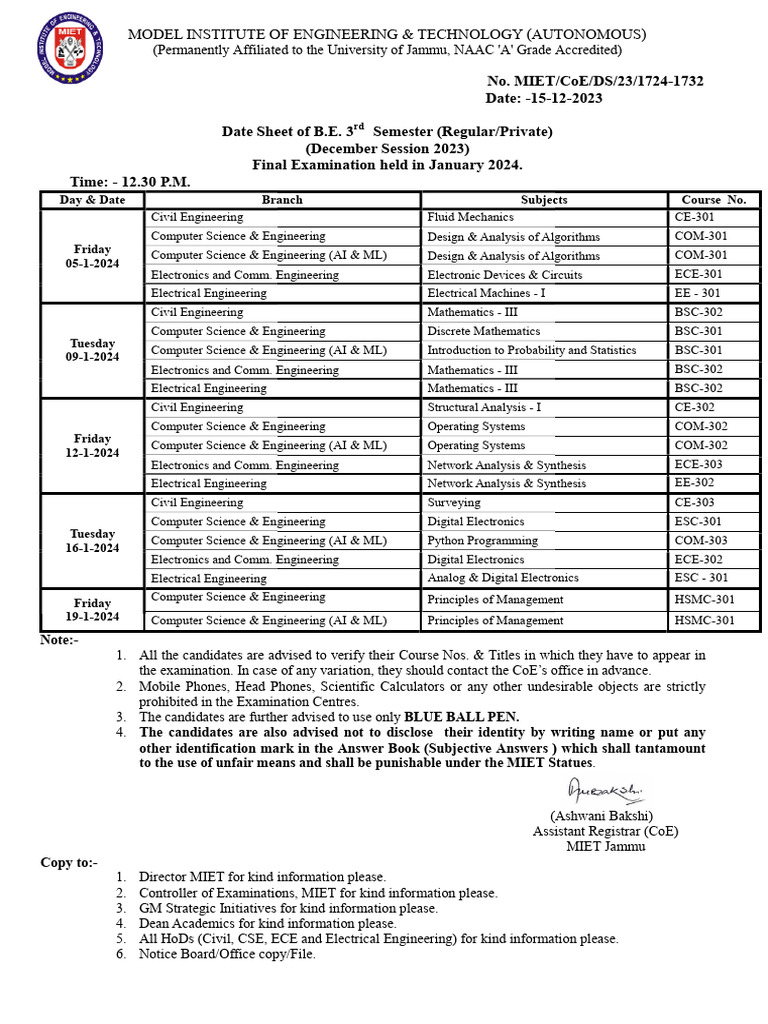BE Final Examination Date Sheet (December Session 2023) | PDF | Engineering | Computer Science