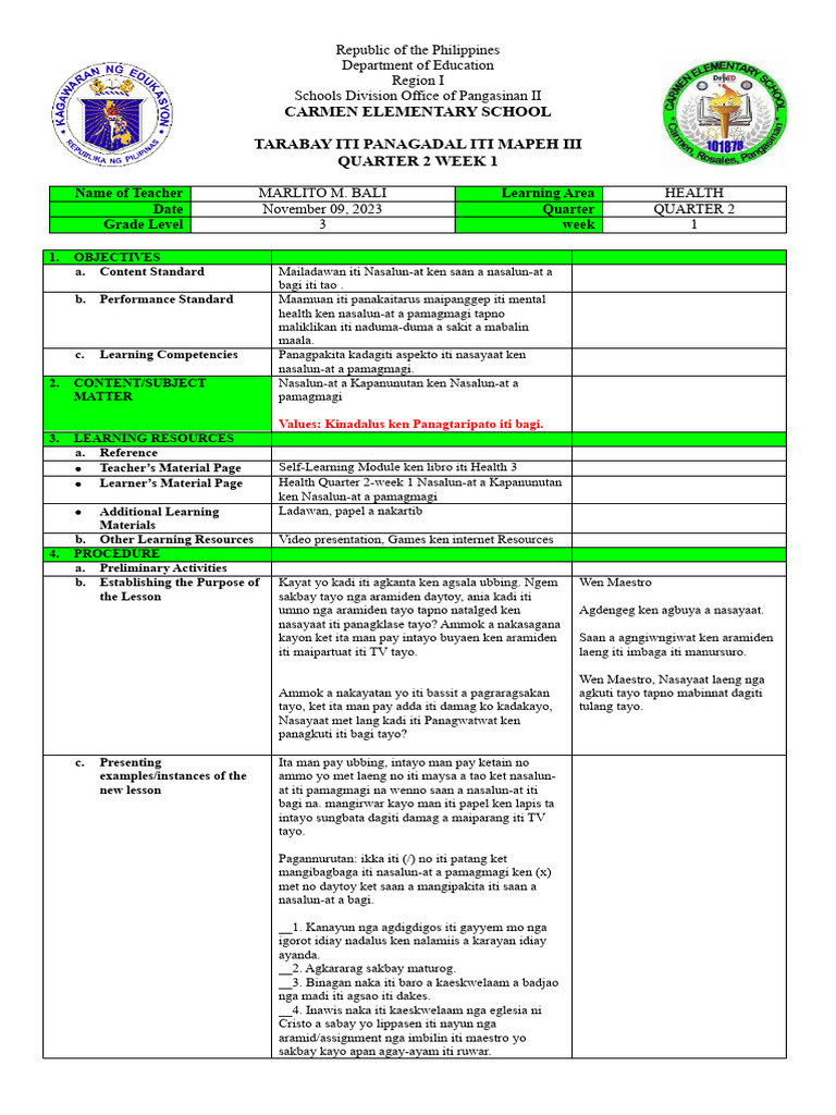 COT 2 Health 3 Quarter 2 Week 1 | PDF