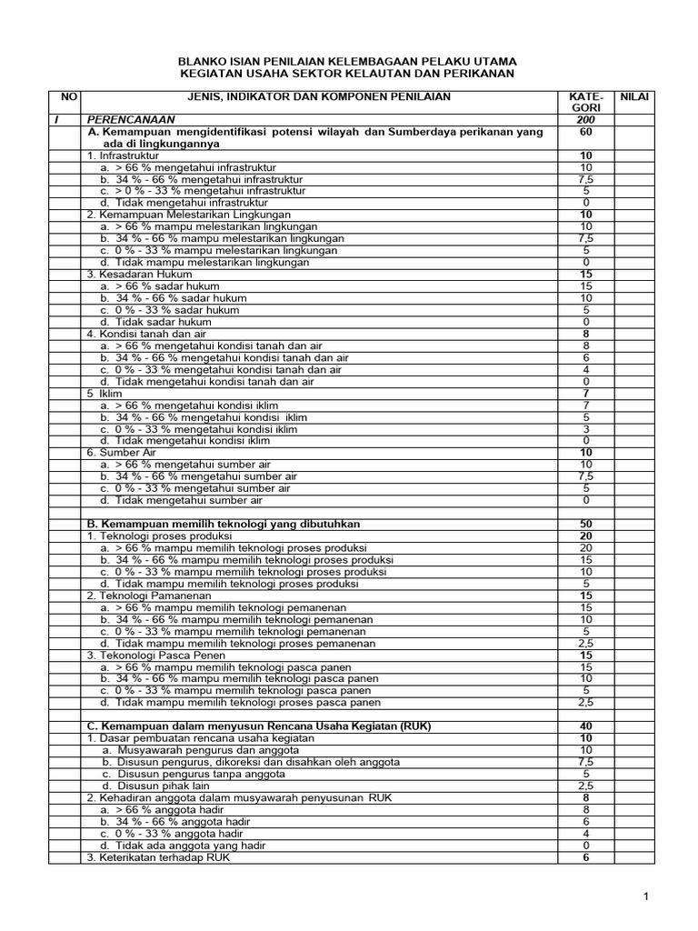Formulir Isian Penilaian Kelembagaan Pelaku Utama Sektor KP | PDF