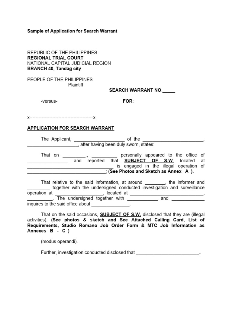 Search Warrant Application Sample | PDF | Search Warrant | Justice