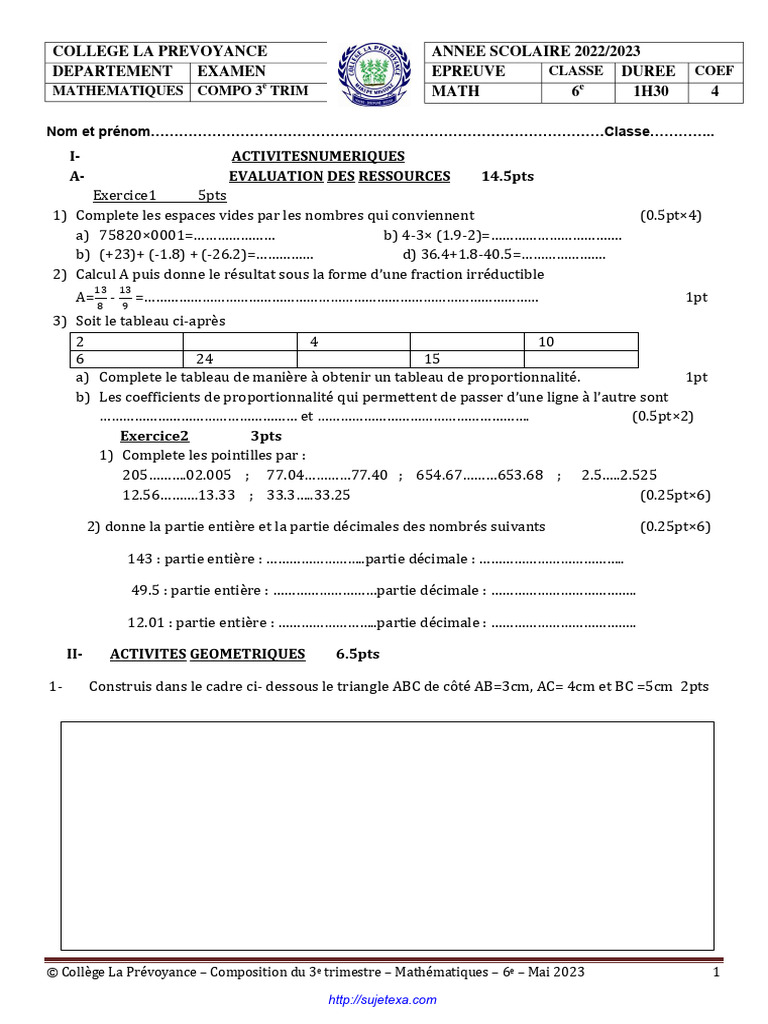 Évaluation de Mathématiques 6e - Mai 2023 | PDF | Triangle | Angle