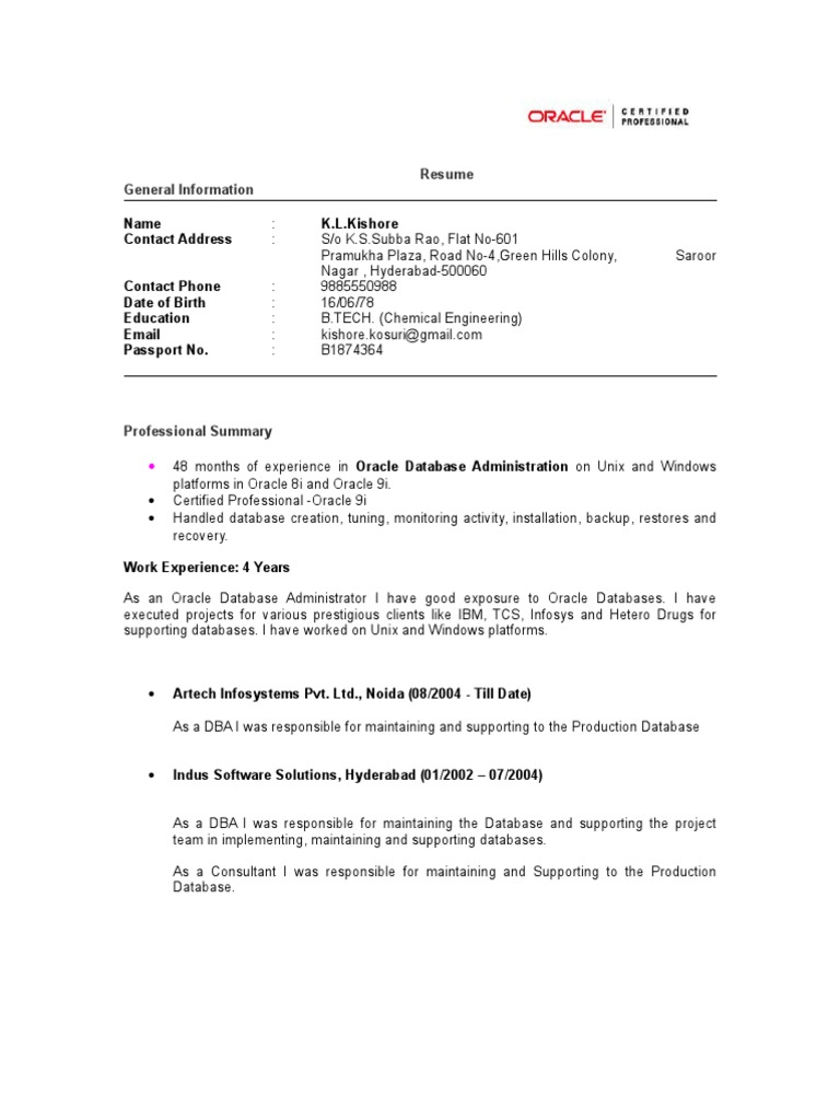 K L Kishore (Oracle DBA) | PDF | Oracle Database | Ibm Db2