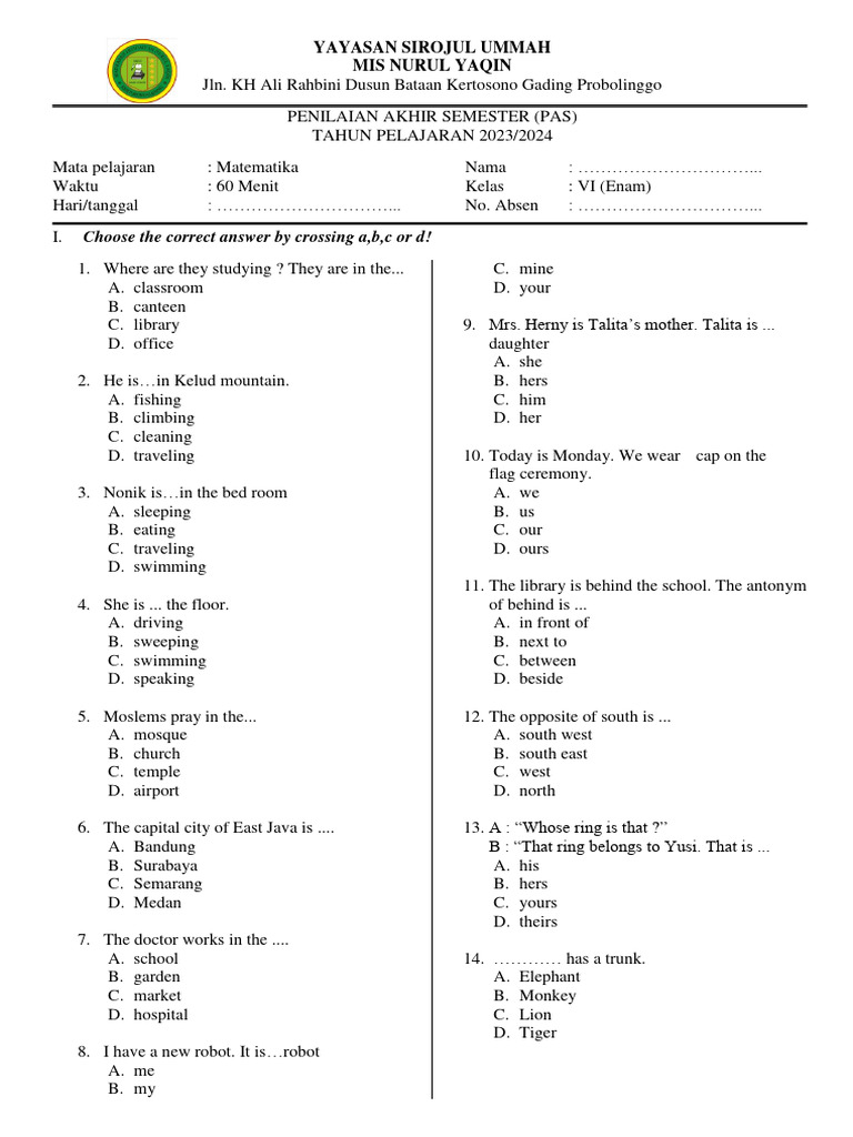 Soal PAS Bahasa Inggris Kelas 6 2023/2024 | PDF