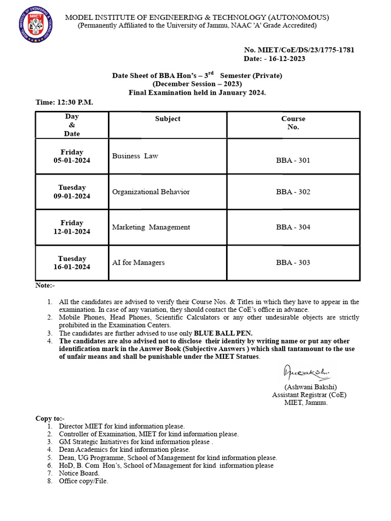 Bba H 3rd 5th Final Exam Datesheet Pdf