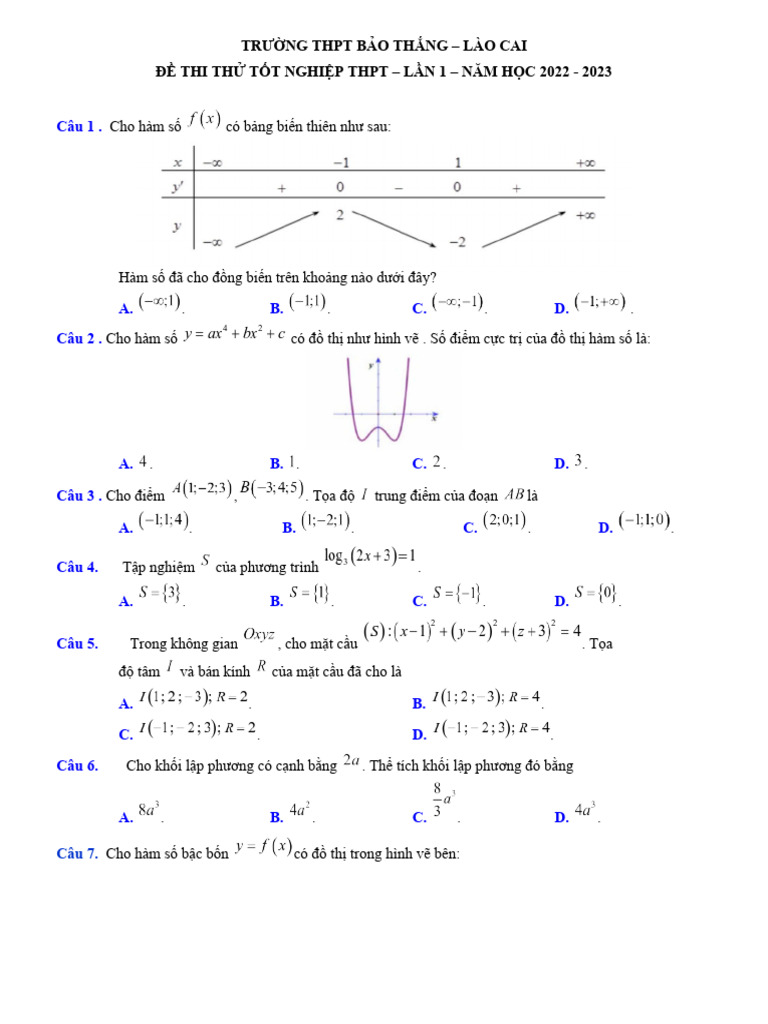 40. Đề Thi Thử Tn Thpt 2023 - Môn Toán - Thpt-bảo-thắng-lần 1-Mã-102 (Bản Word Kèm Giải) | PDF