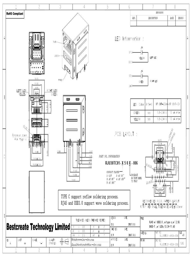 USB Combo RJ45 With USB Type A and TYPE C RJU30TC01-X50X-006 Datasheet ...