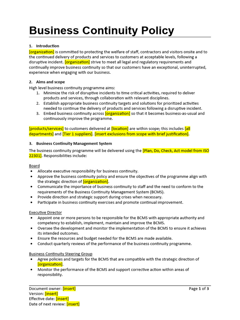 Business Continuity Management Policy | PDF | Business