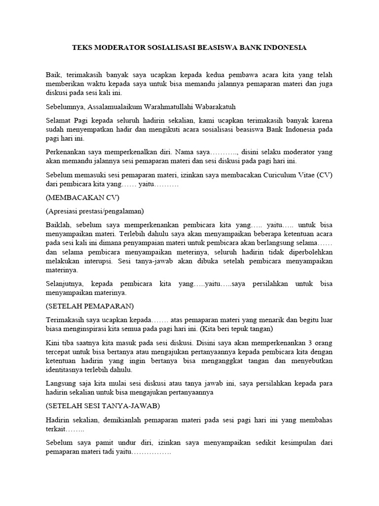 Teks Moderator Sosialisasi Beasiswa Bank Indonesia | PDF