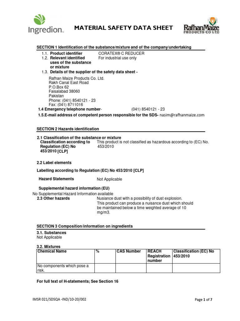 Coratex® C Reducer - MSDS | PDF | Chemistry | Working Conditions